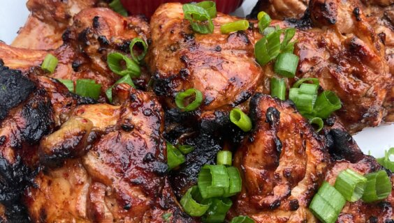 Date syrup- and harissa-glazed chicken thighs with tahini ranch sauce ...